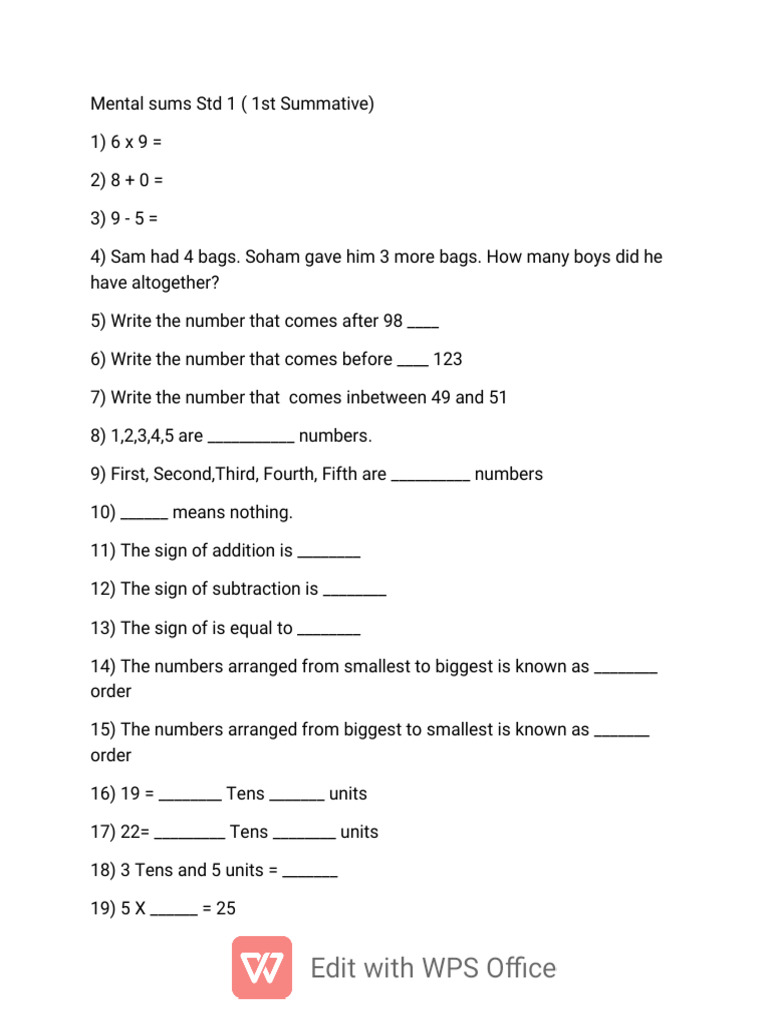 Mental Sums STD 1 (1st Summative Evaluation) | PDF