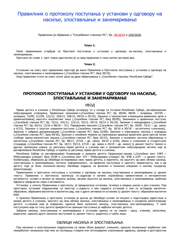 Pravilnik o Protokolu Postupanja U Ustanovi U | PDF