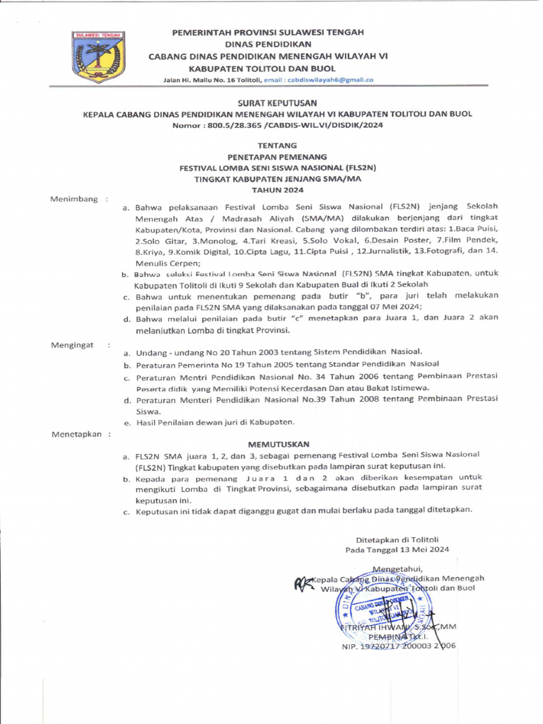 SK Pemenang FLS2N SMA Tingkat Kabupaten 2024 | PDF