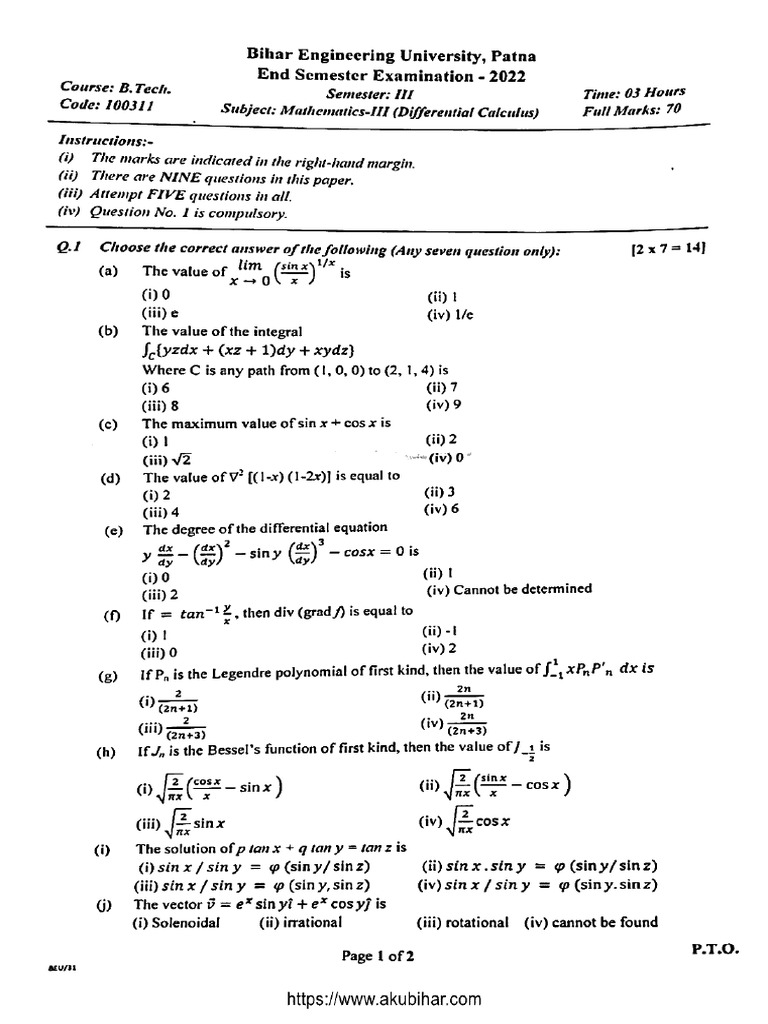 Btech 3 Sem Mathematics 3 Differential Calculus 100311 2022 | PDF
