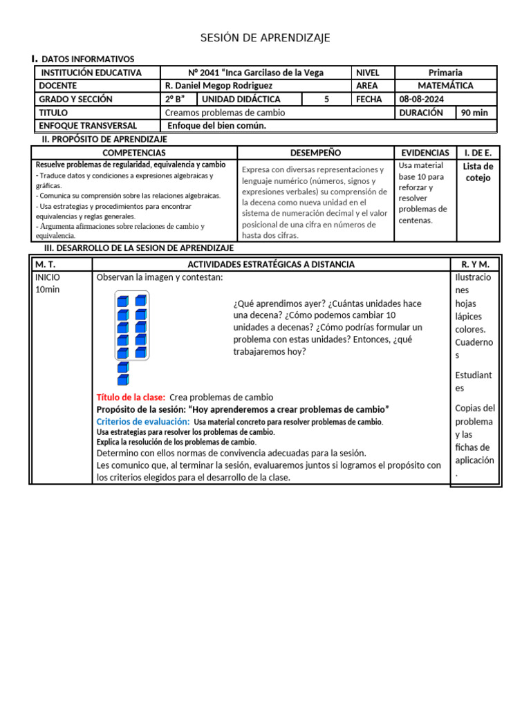SESIÓN DE MATEMÁTICA 08-08-24 | PDF | Aprendizaje | Cognición