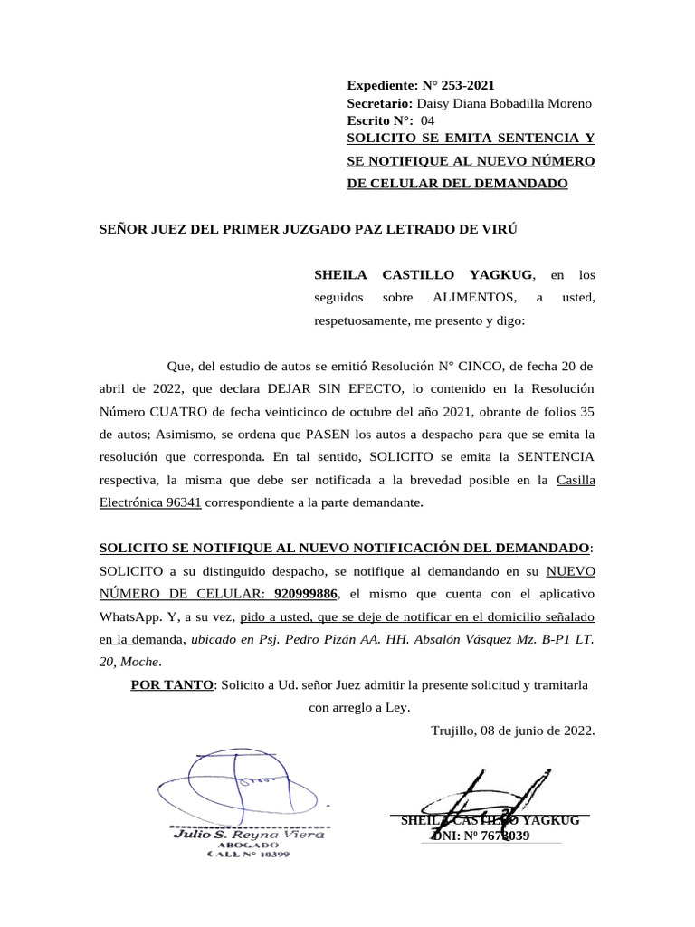 Solicito Se Emita Sentencia y Notifique Al Nuevo Nro. Del Demandado | PDF