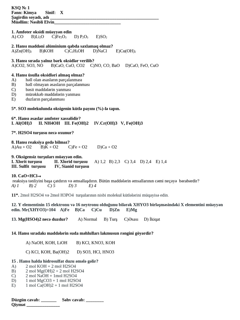 Kimya X Sinif KSQ 1 Variant 2 | PDF