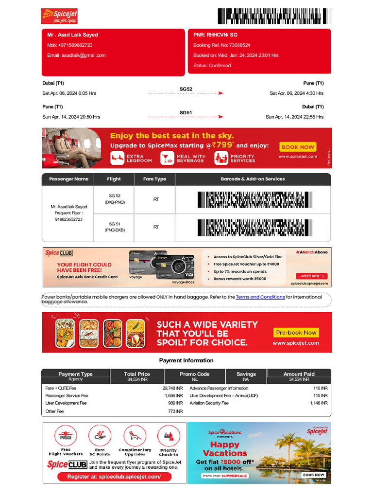 SpiceJet - E-Ticket - PNR - RHHCVN 06 Apr 2024 Dubai-Pune For MR. SAYED ...