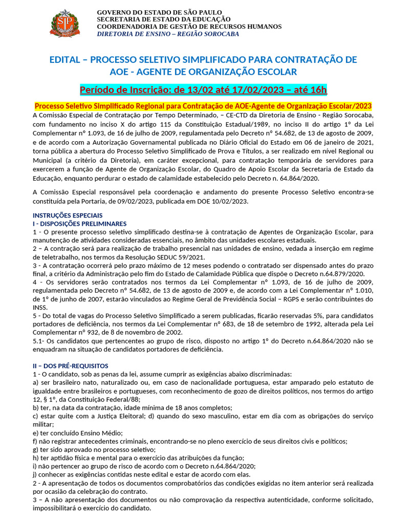 Aoe - Edital de PSS para Contratação - Retificado Doe | PDF | Nacionalidade
