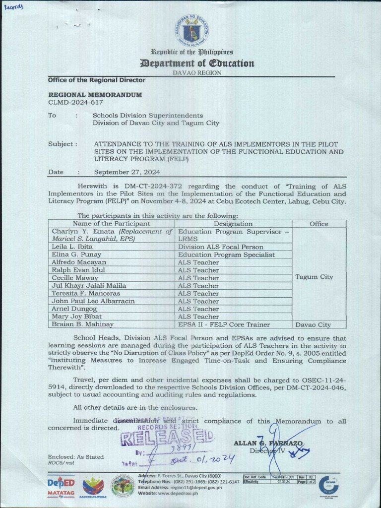 RM CLMD 2024 617 Attendance To The Training of Als Implementation in ...