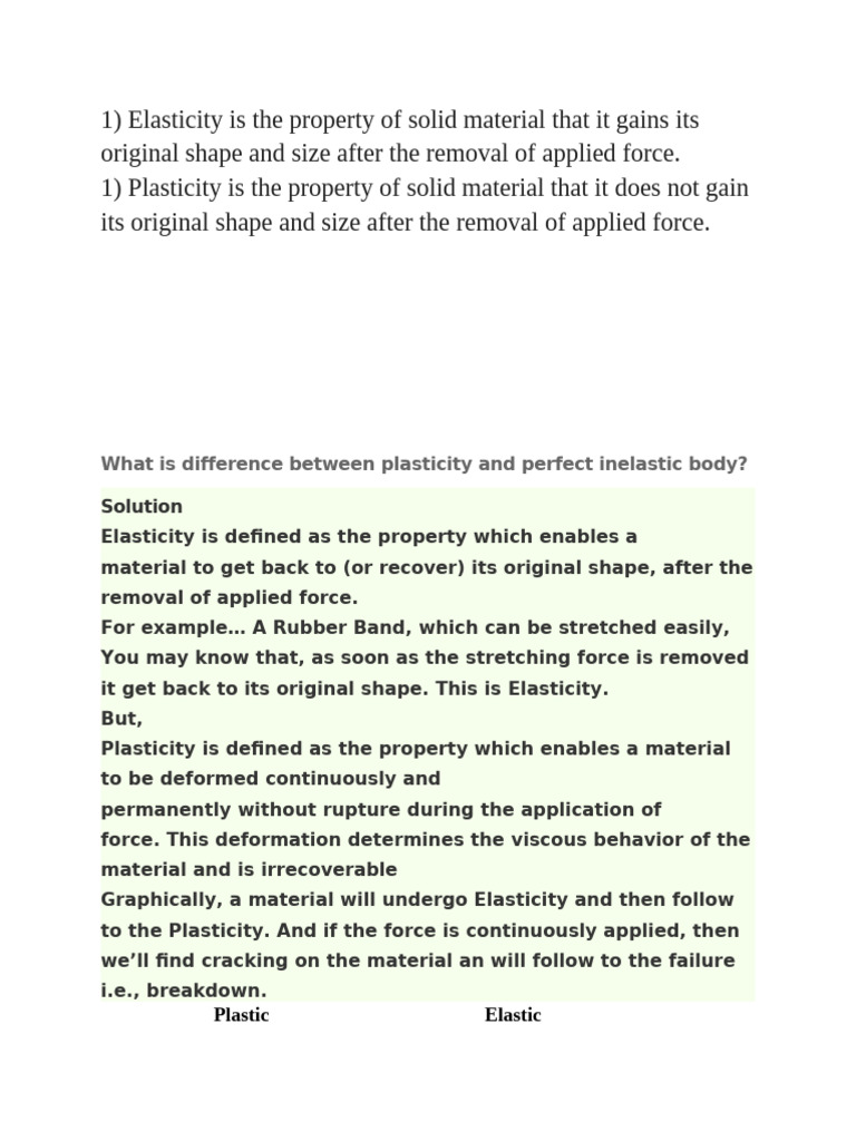 What Is Difference Between Plasticity and Perfect Inelastic Body? | PDF
