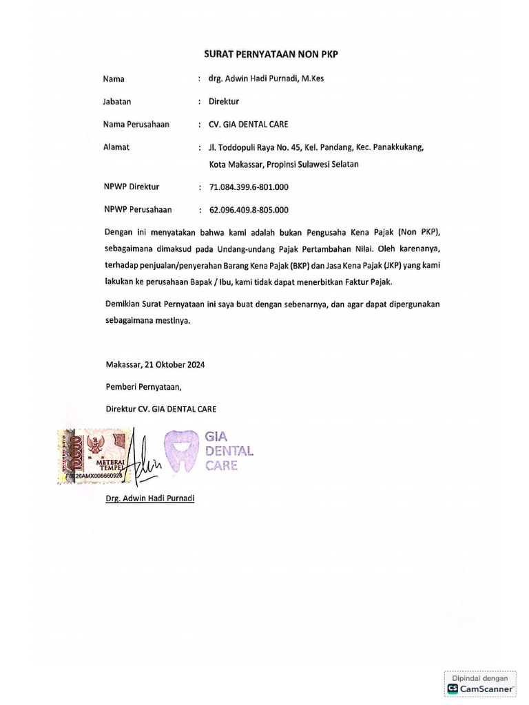 Surat Pernyataan Non PKP | PDF