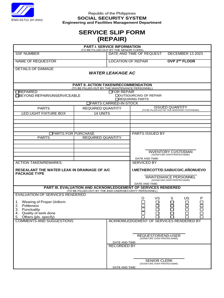 Philippines Repair Service Slip Form | PDF