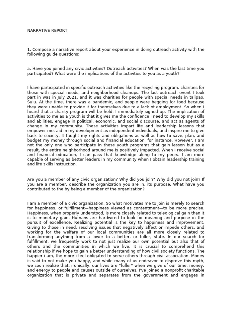 Narrative Report NSTP 1 | PDF | Happiness | Civic Engagement