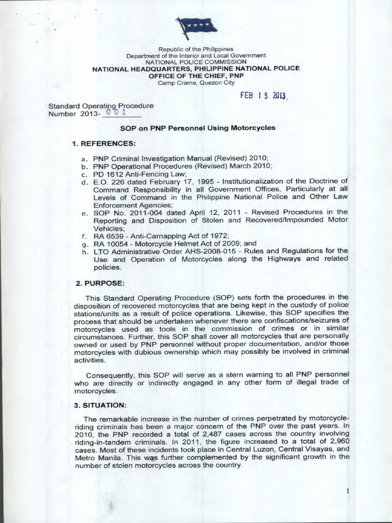 PNP SOP on Motorcycle Use and Accountability | PDF | Police | Crimes
