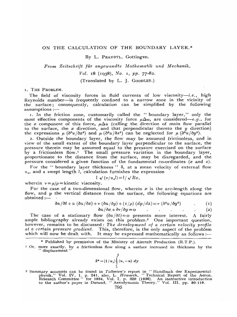 On the Calculation of the Boundary Layer (L.Prandtl, 1940) | PDF | Boundary Layer | Fluid Dynamics