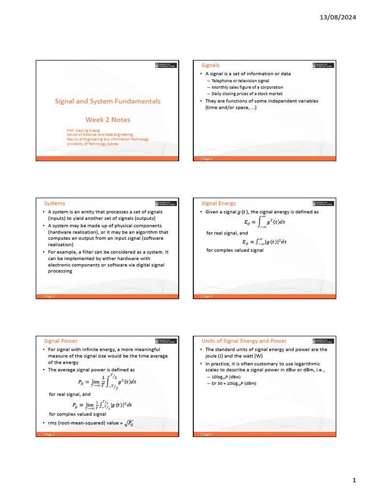 Week 2 Signal and System Fundamentals - 6in1 | PDF | Convolution | Autocorrelation
