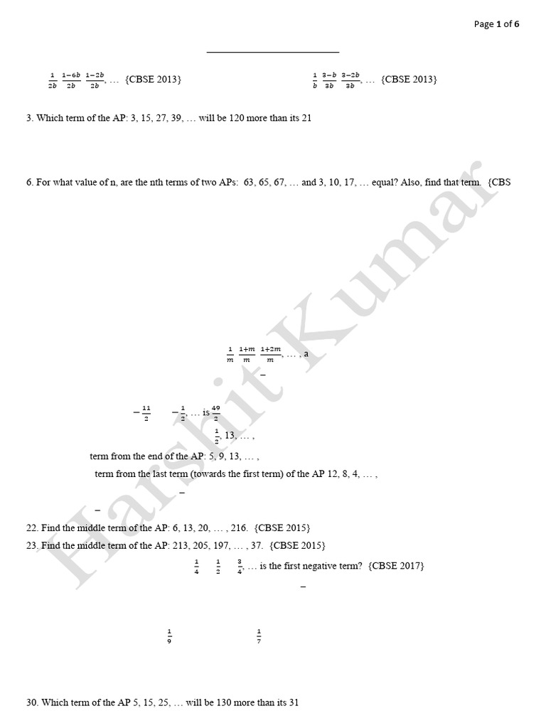 PYQs Arithmetic Progressions | PDF | Number Theory | Numbers