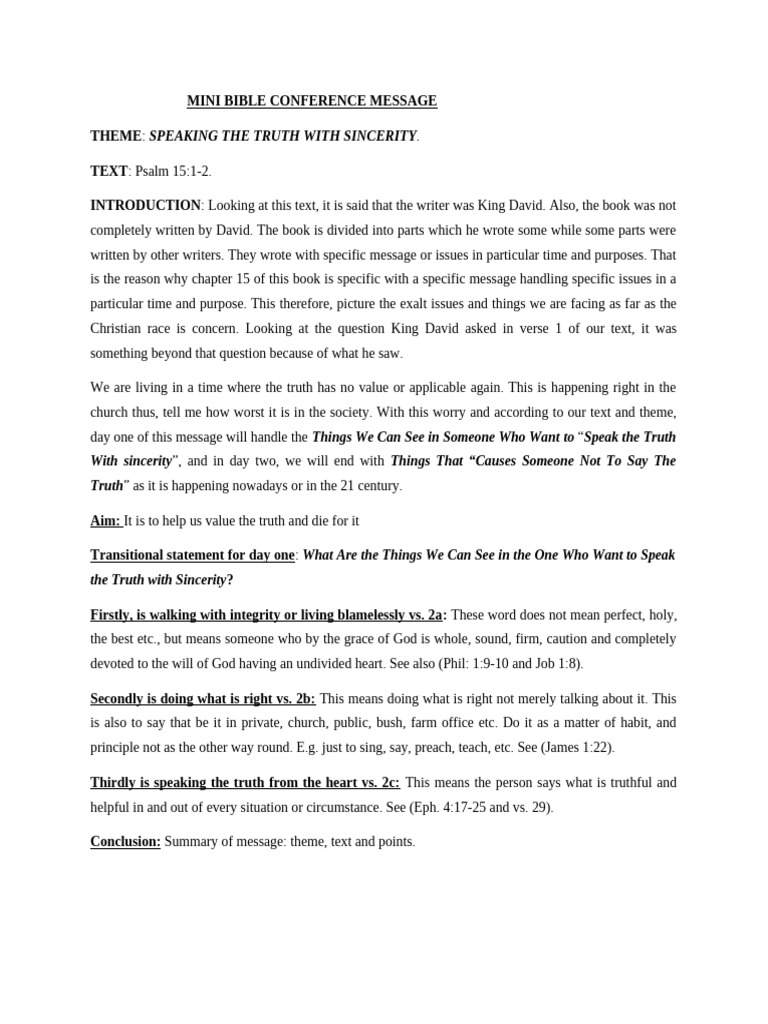 Mini Bible Conference Message | PDF | Truth | Bible