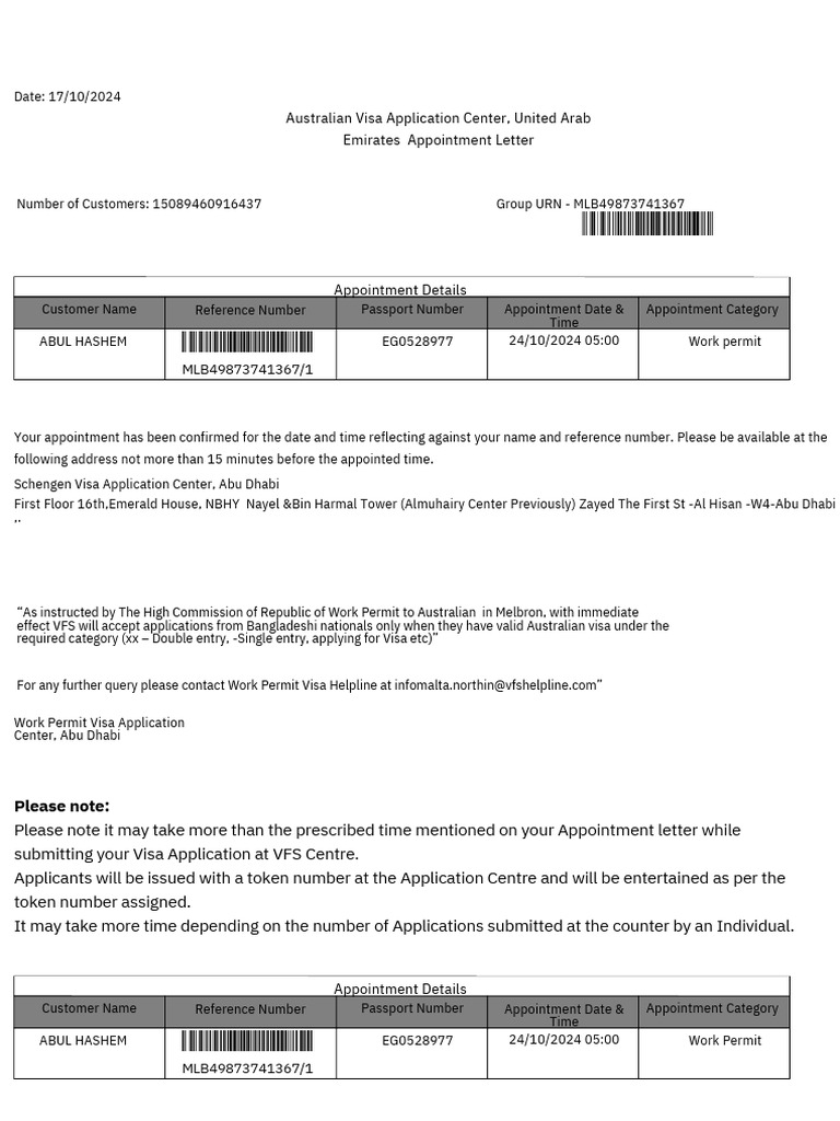 VFS Appointment Letter PDF | PDF | Travel Visa | Occupational Safety And Health