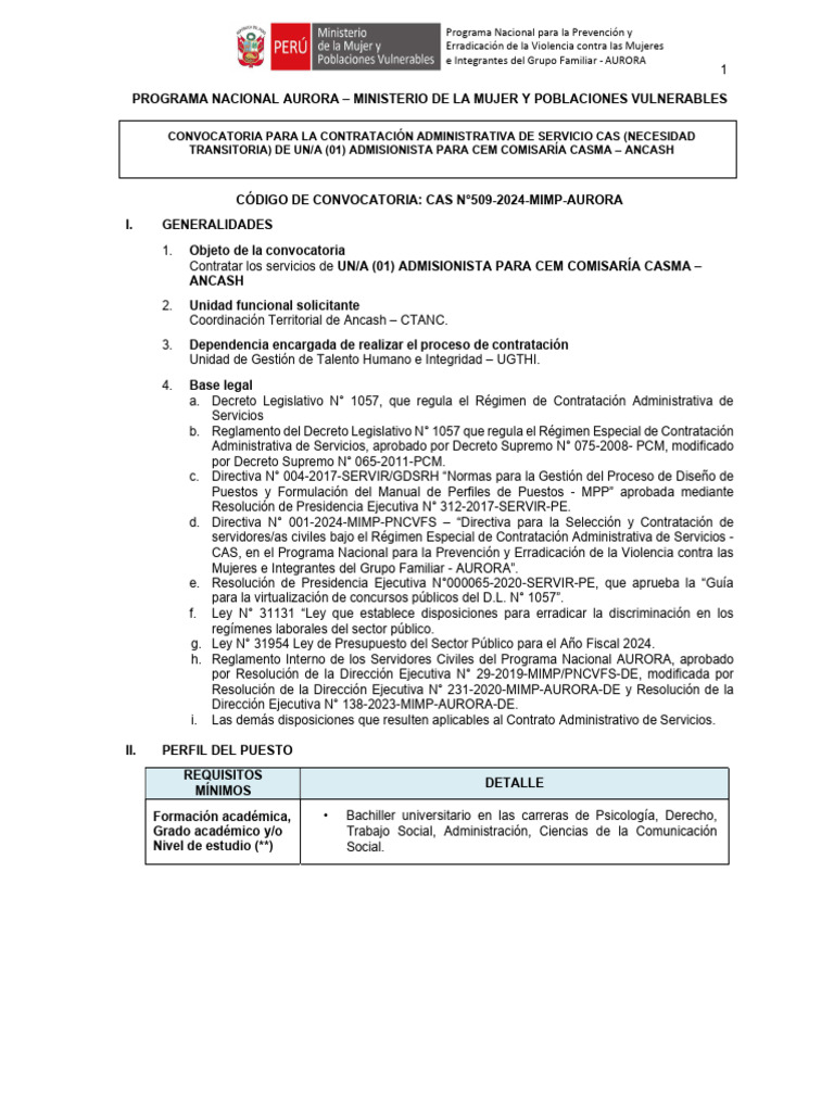 Convocatoria para La Contratación Administrativa de Servicio Cas (Necesidad Transitoria) de Un/A ...
