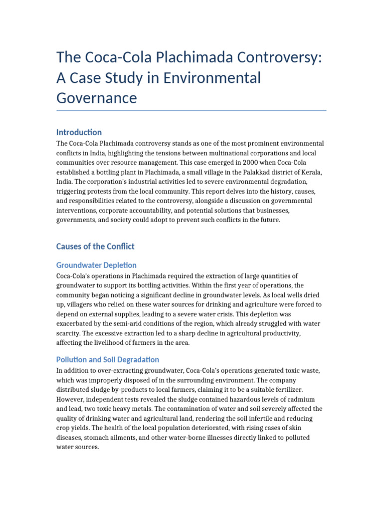 Plachimada: Coca-Cola's Environmental Crisis | PDF | Corporate Social ...