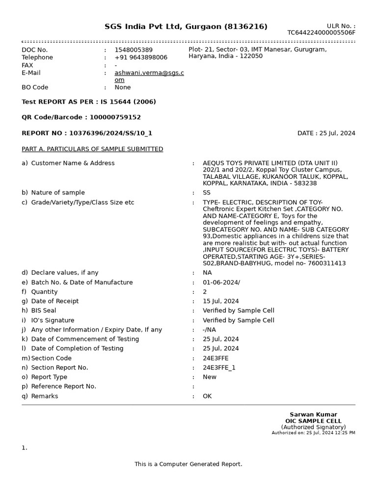 SMOBY Kitchen test report | PDF | Forgery | Insulator (Electricity)