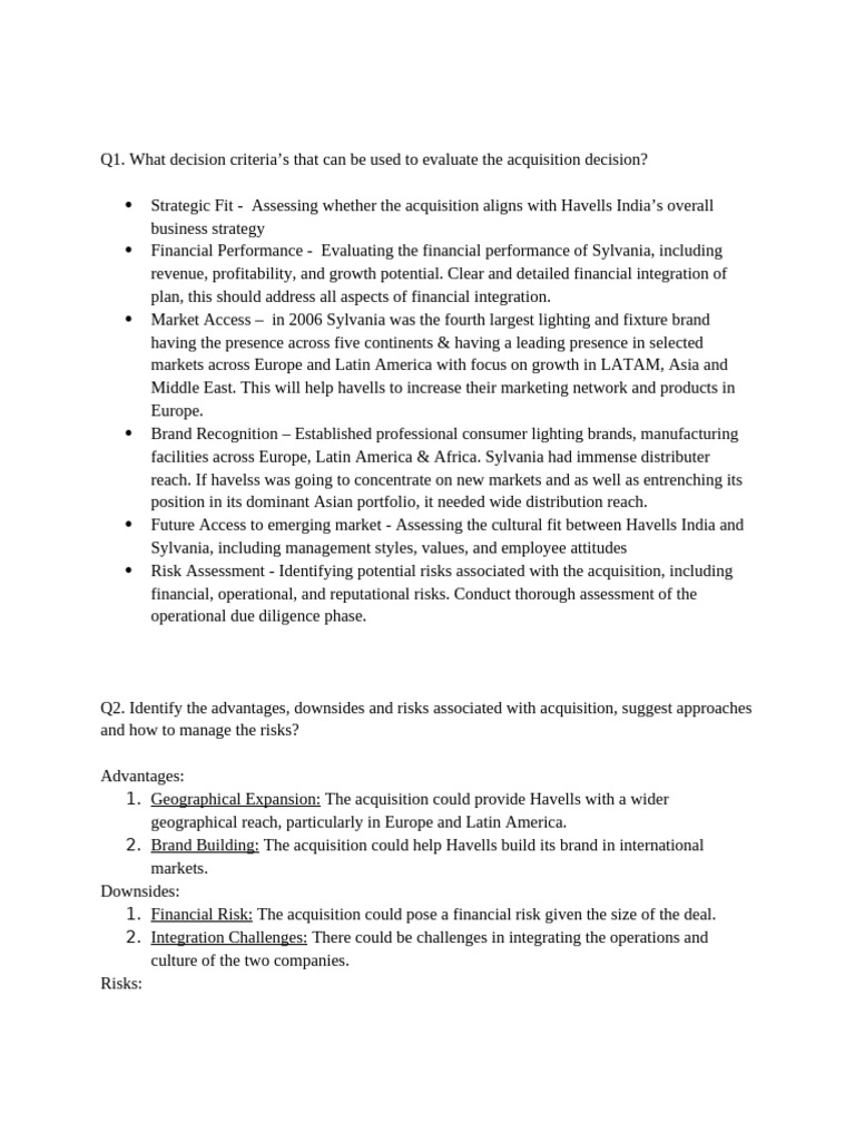 Havells CS Questionnaire | PDF | Risk | Mergers And Acquisitions