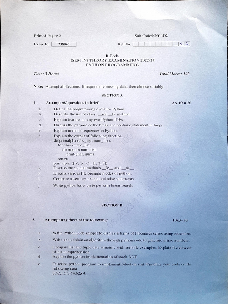 Python - BCC-302 - Previous Year Paper | PDF | Python (Programming Language) | Function ...