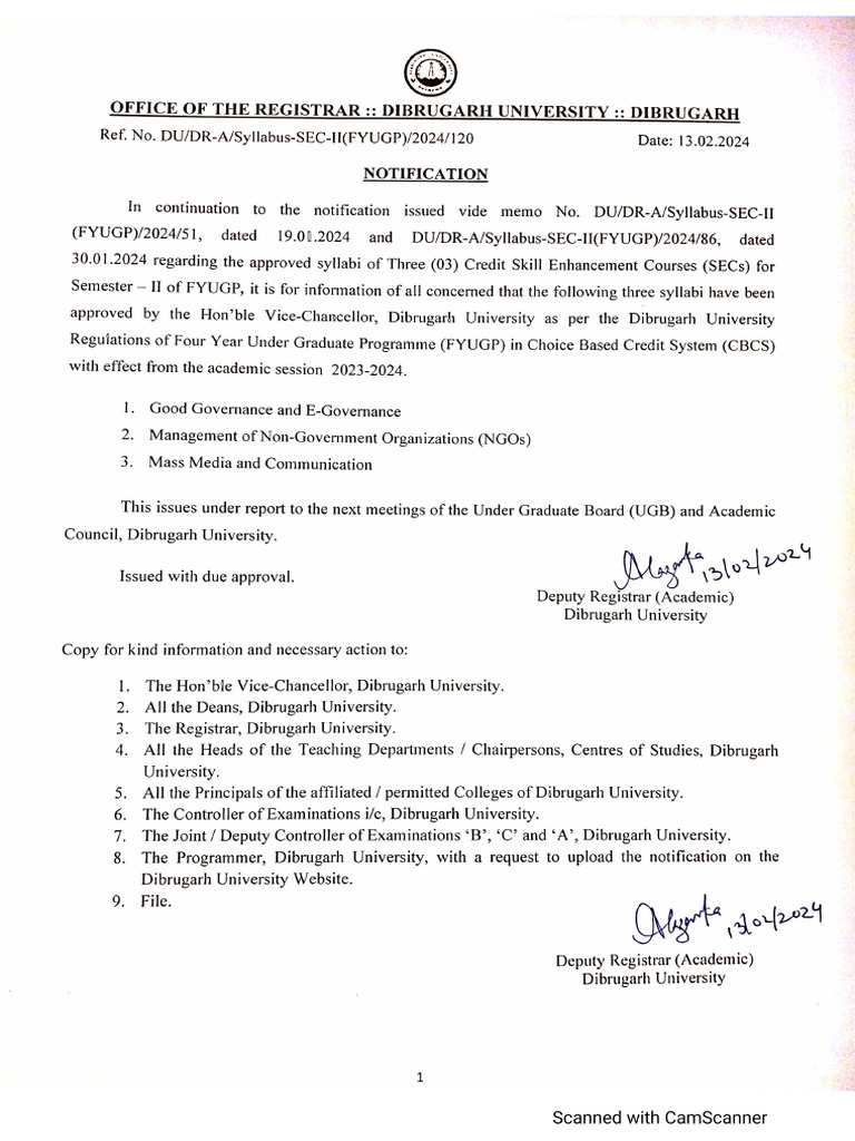 Notification of SEC Syllabus For Semester II of FYUGP 2020 2nd Addition ...