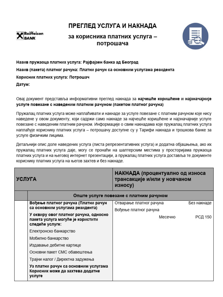 Pregled Usluga I Naknada Osnovni Racun Rezident | PDF