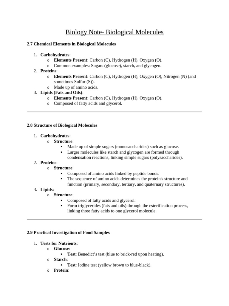 Biology Note - Biological Molecules | PDF