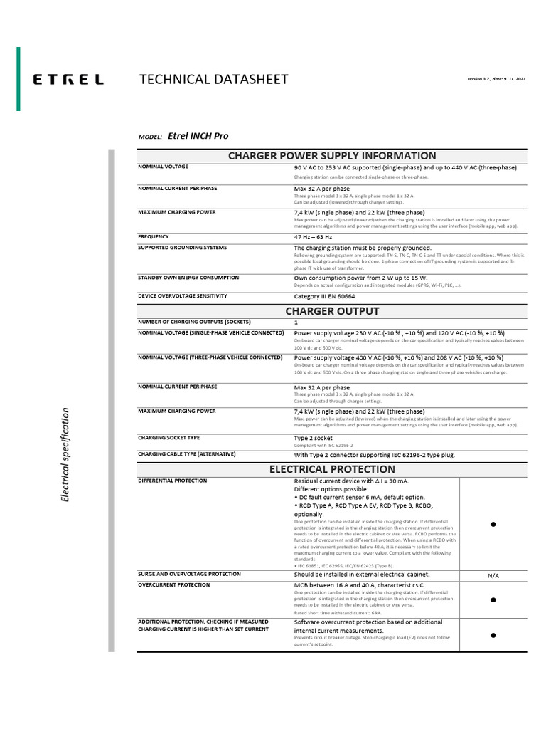 Etrel INCH PRO General Data Sheet | PDF | Alternating Current | Power Supply