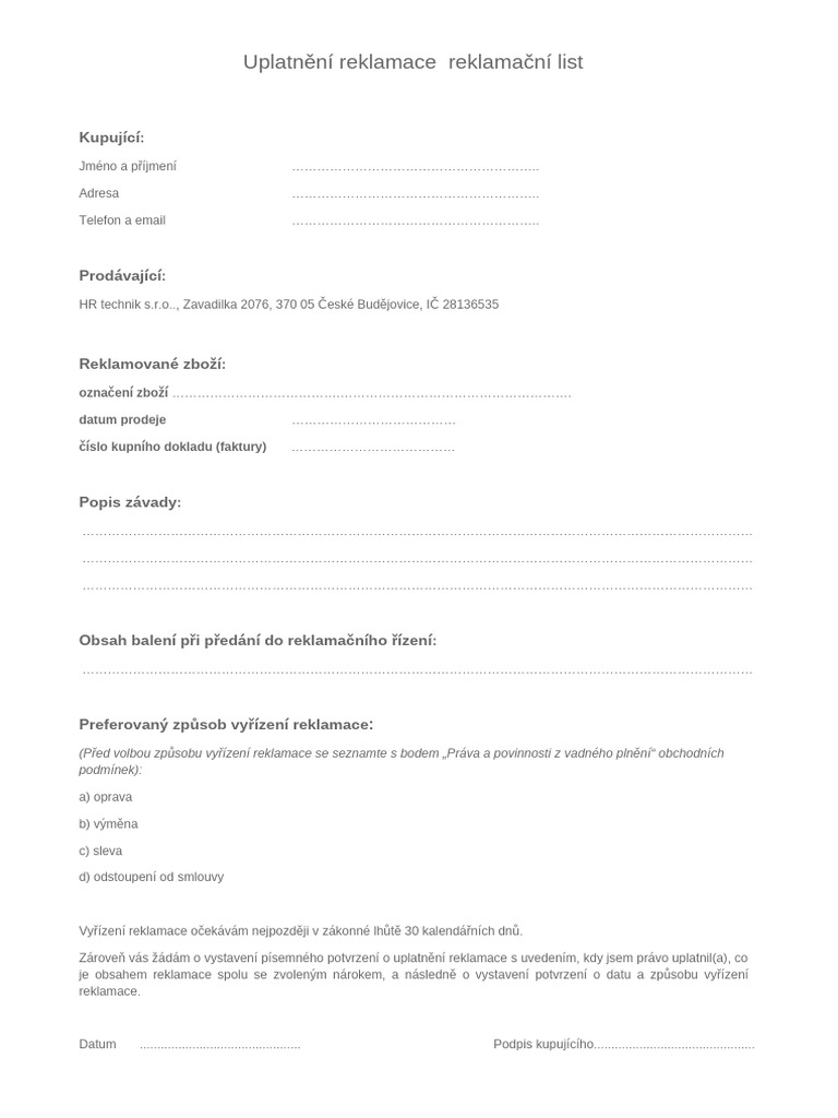 VZOR-Reklamacni List | PDF