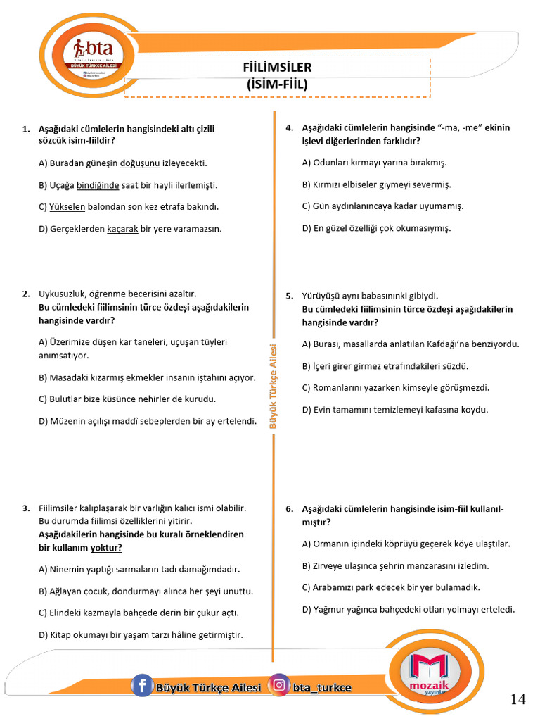 Fiilimsiler 84 Soru (BTA) | PDF