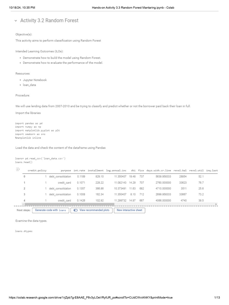 Hands-On Activity 3.3 Random Forest Mantaring - Ipynb - Mantaring | PDF | Accuracy And Precision ...