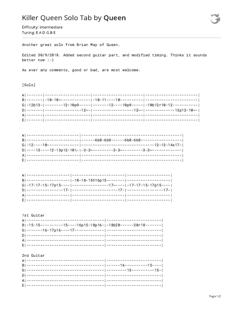 Killer Queen Tab (Ver 3) by Queentabs at Ultimate Guitar Archive | PDF ...