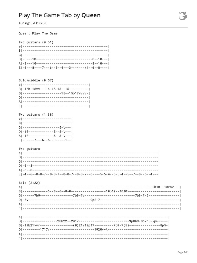 Play The Game Tab by Queentabs at Ultimate Guitar Archive | PDF ...
