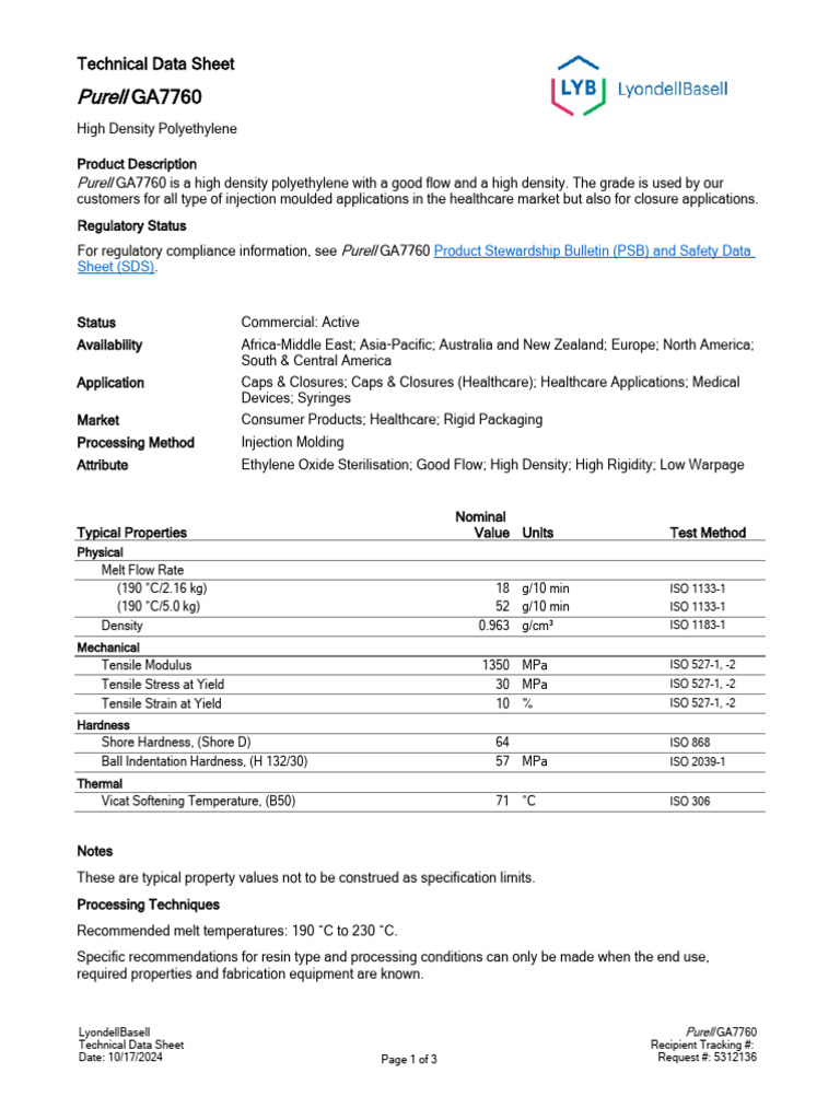 HDPE - Technical Data Sheet Purell GA7760 | PDF | Hardness | Polyethylene