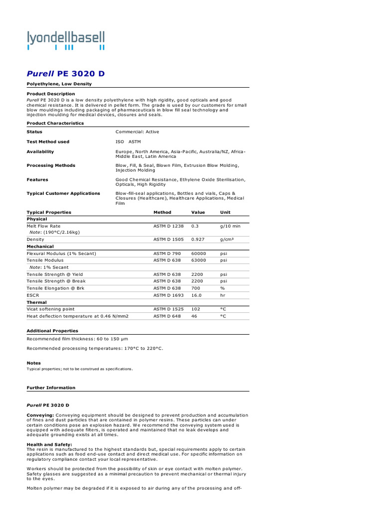 Purell PE 3020 D Product Overview | PDF | Polyethylene | Smoke