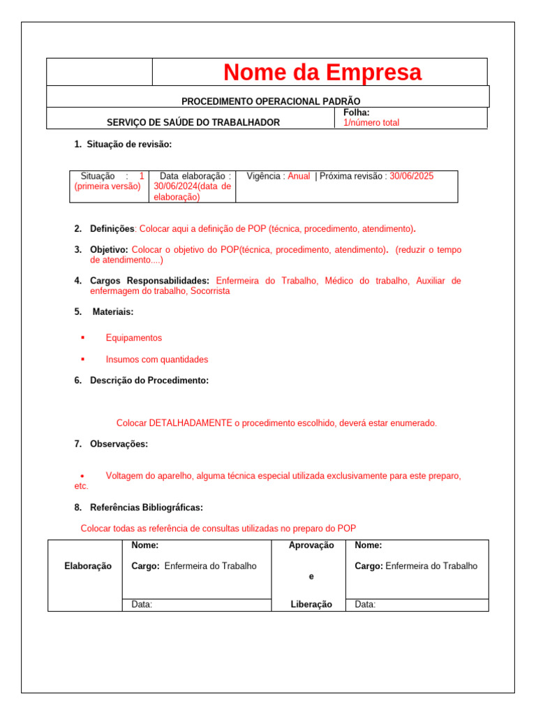 Modelo - POP. MODELO - TST.2024 | PDF | Enfermagem | Qualidade (negócios)