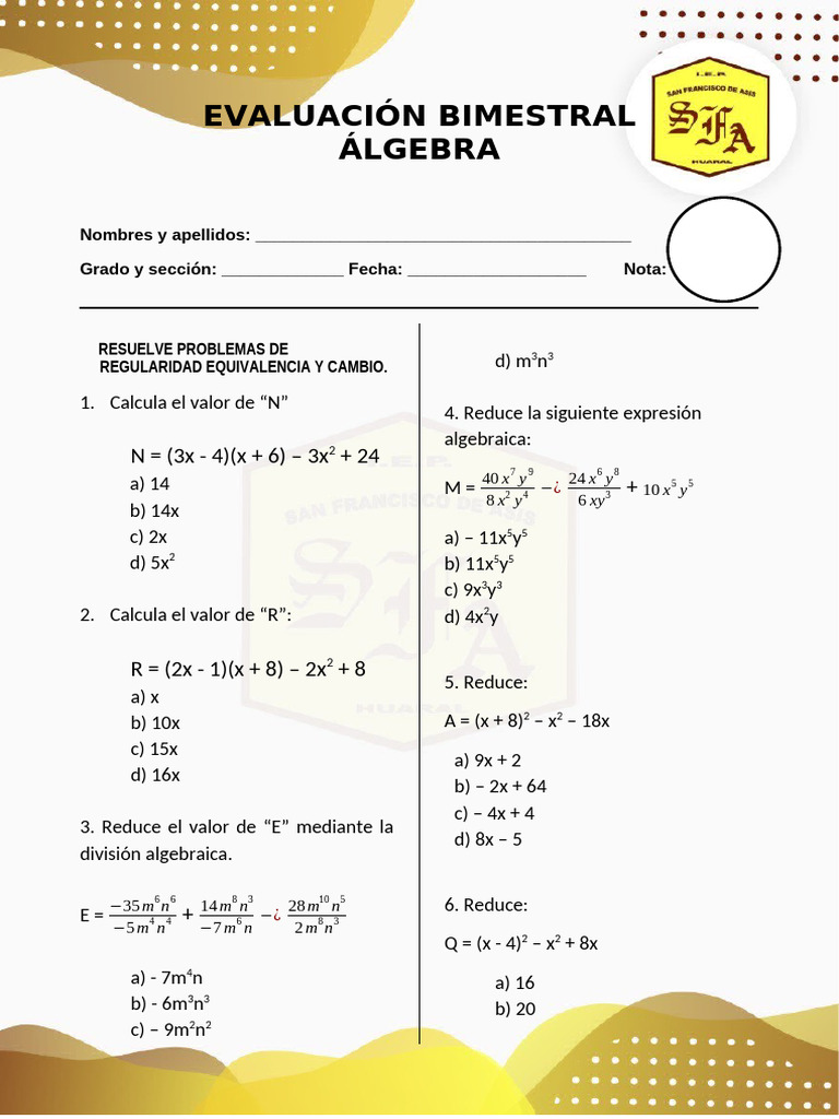 Evaluación Bimestrales 6° Algebra 2024 | PDF