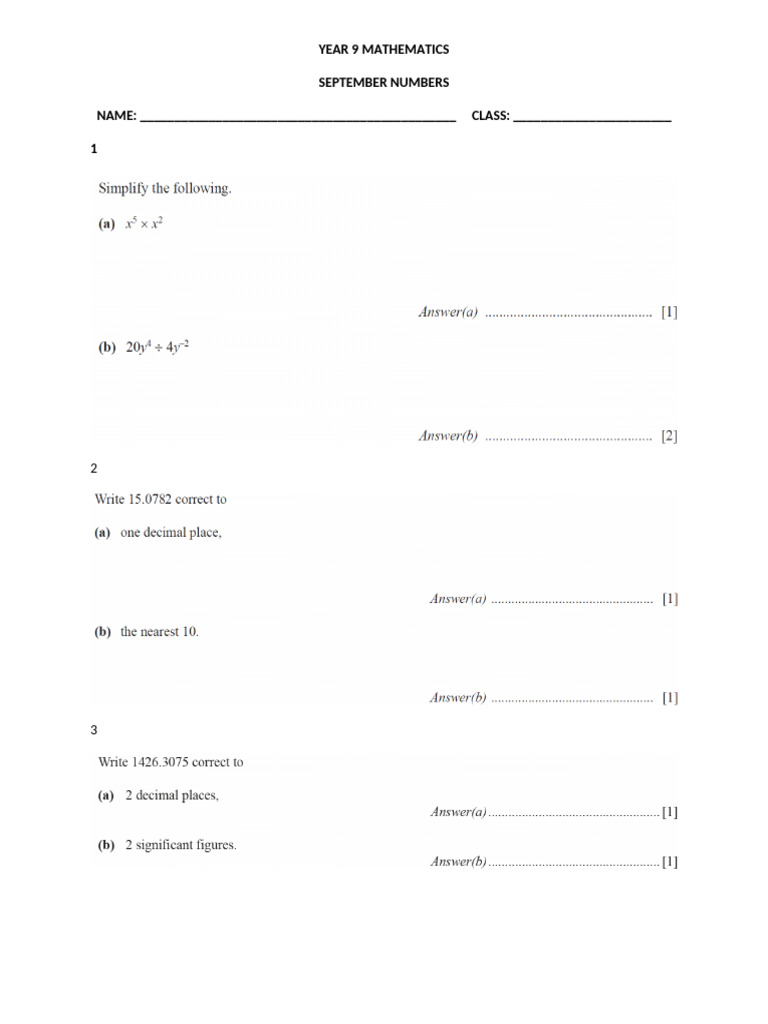 Year 9 Math Exercises | PDF