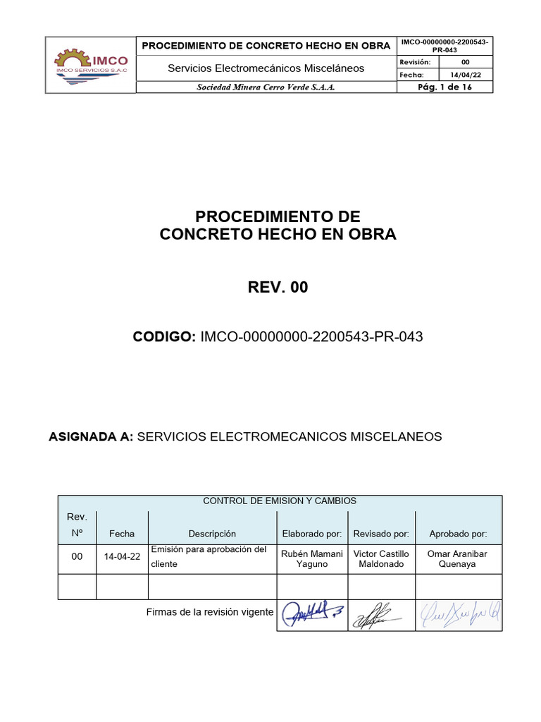 IMCO 00000000 2200543 PR 043 Concreto Hecho en Obra | PDF | Hormigón | Acero