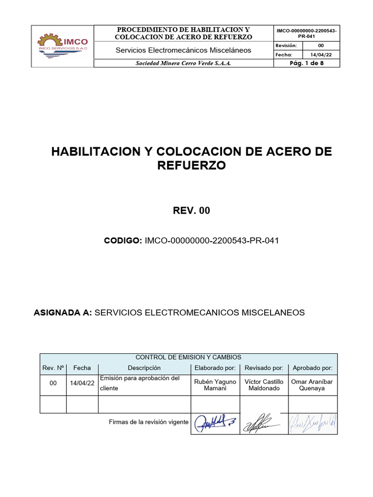 IMCO-00000000-2200543-PR-041 Habilitación y Colocación de Acero Refuerzo | PDF | Acero | Hormigón