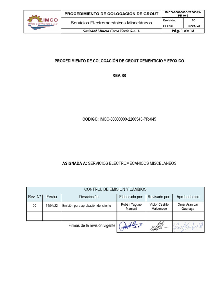 IMCO-00000000-2200543-PR-045 - Procedimiento Colocación de Grout | PDF | Materiales de ...