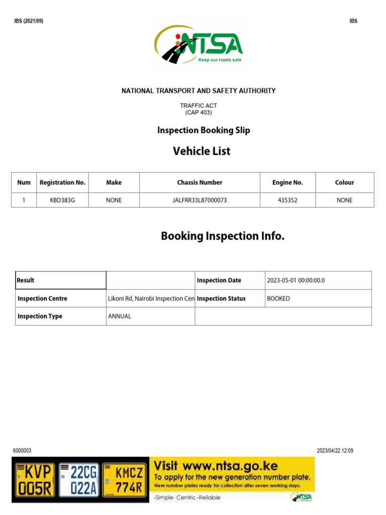 Vehicle List: Inspection Booking Slip | PDF