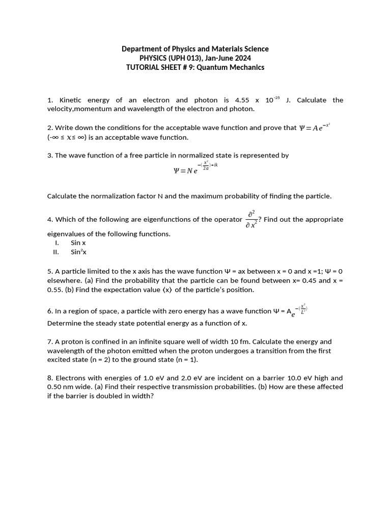 Tutorial Sheet 9 | PDF | Science & Mathematics