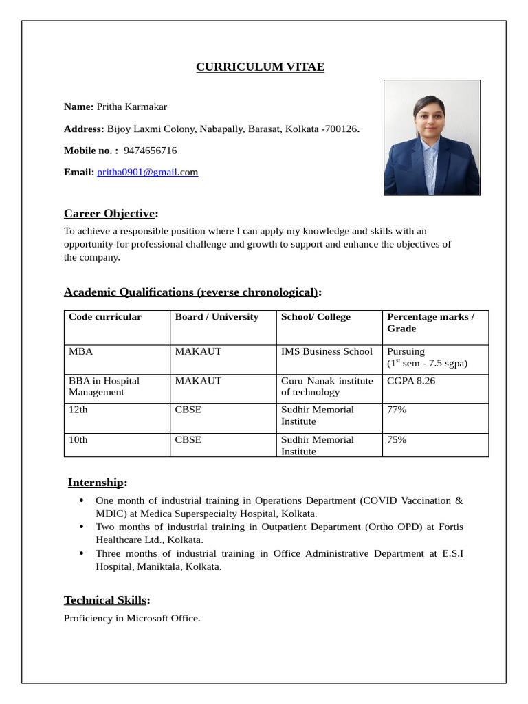 Pritha Karmakar (Curriculum Vitae) | PDF