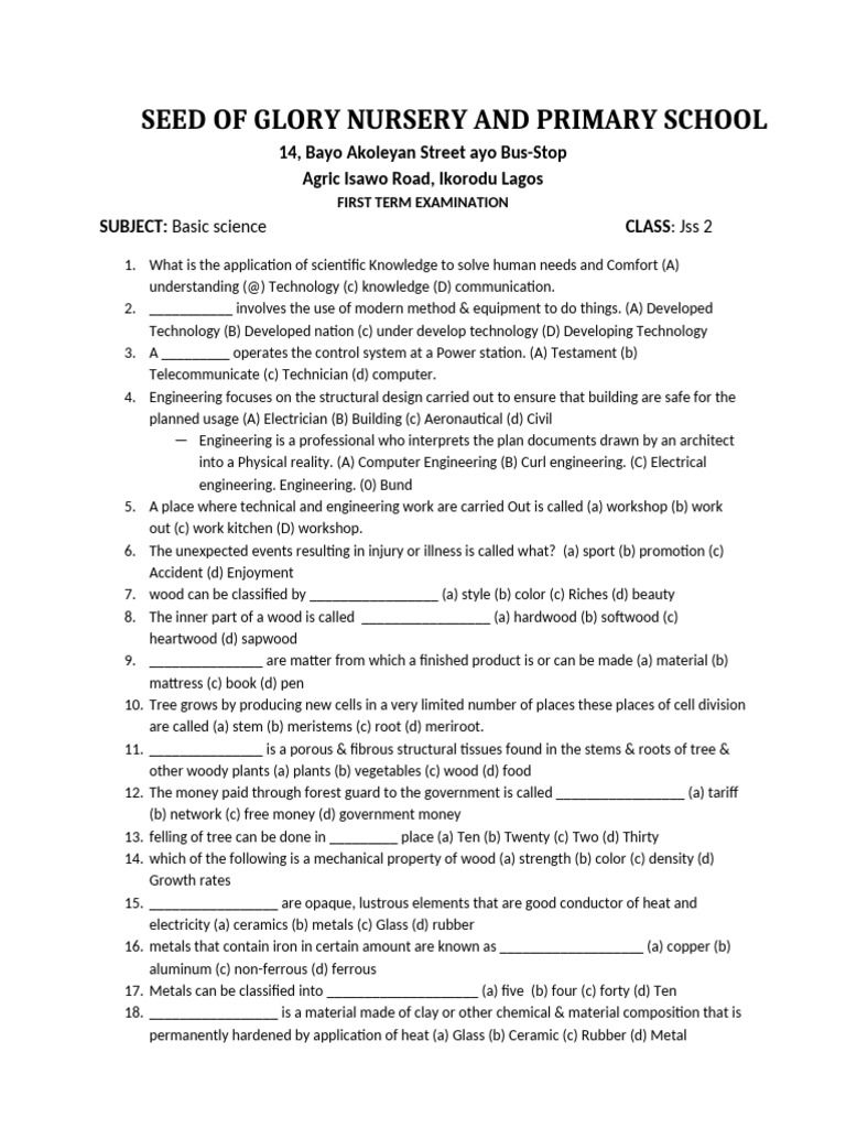 First Term Jss 1& 2 | PDF | Skeleton | Wood