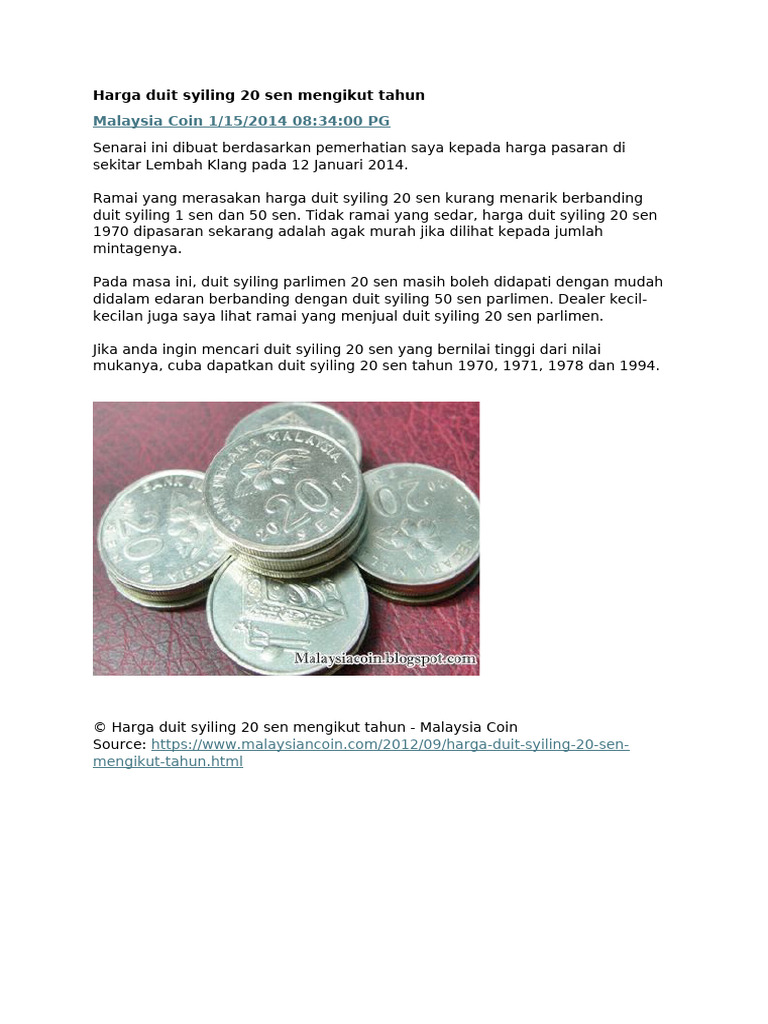 Harga duit syiling 20 sen mengikut tahun | PDF