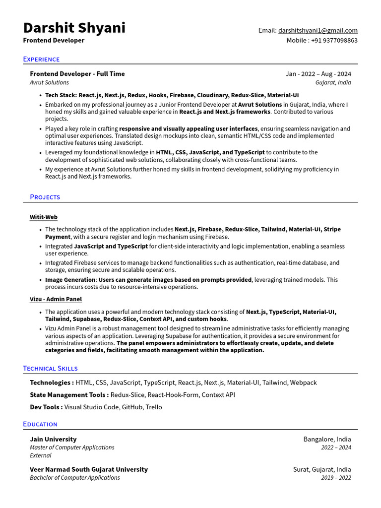 Frontend Developer Resume: Darshit Shyani | PDF | Java Script | Software