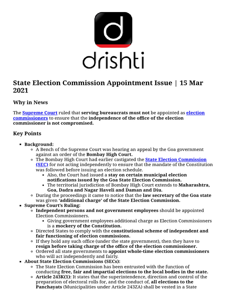 Daily News Analysis State Election Commission Appointment Issue Print ...