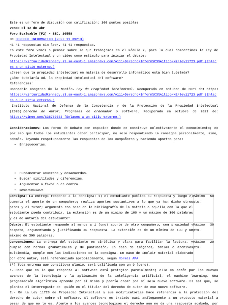 FORO EVALUABLE 2 - Derecho Informatico | PDF | Propiedad intelectual | Software